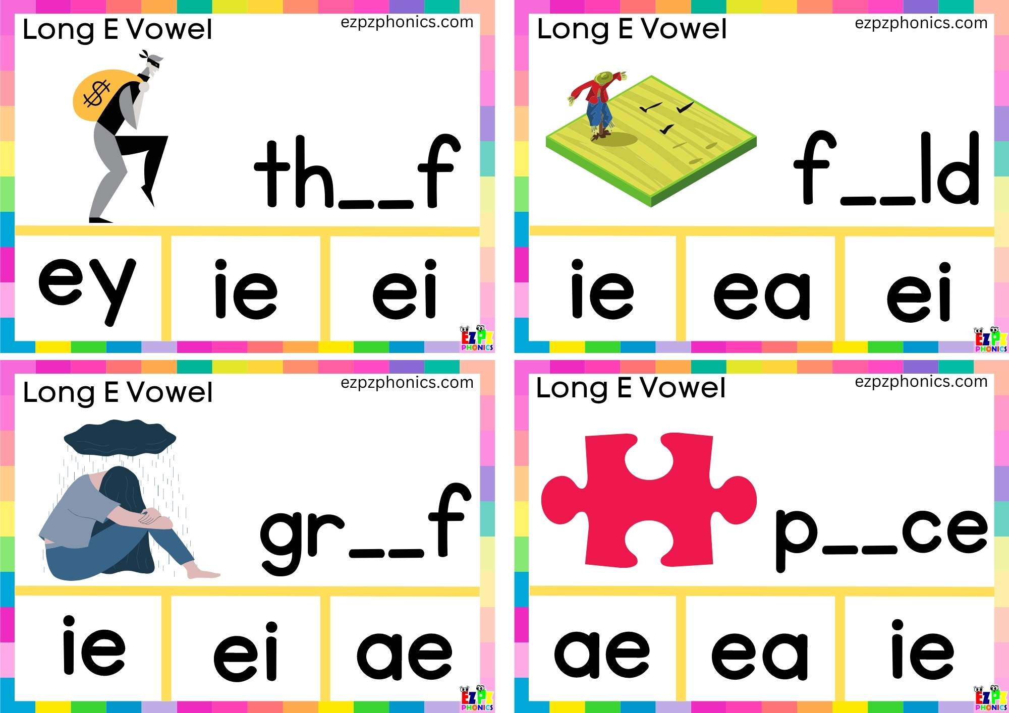 Finish the word and clip the correct letters Clip cards for long e vowel ie words - ezpzphonics.com